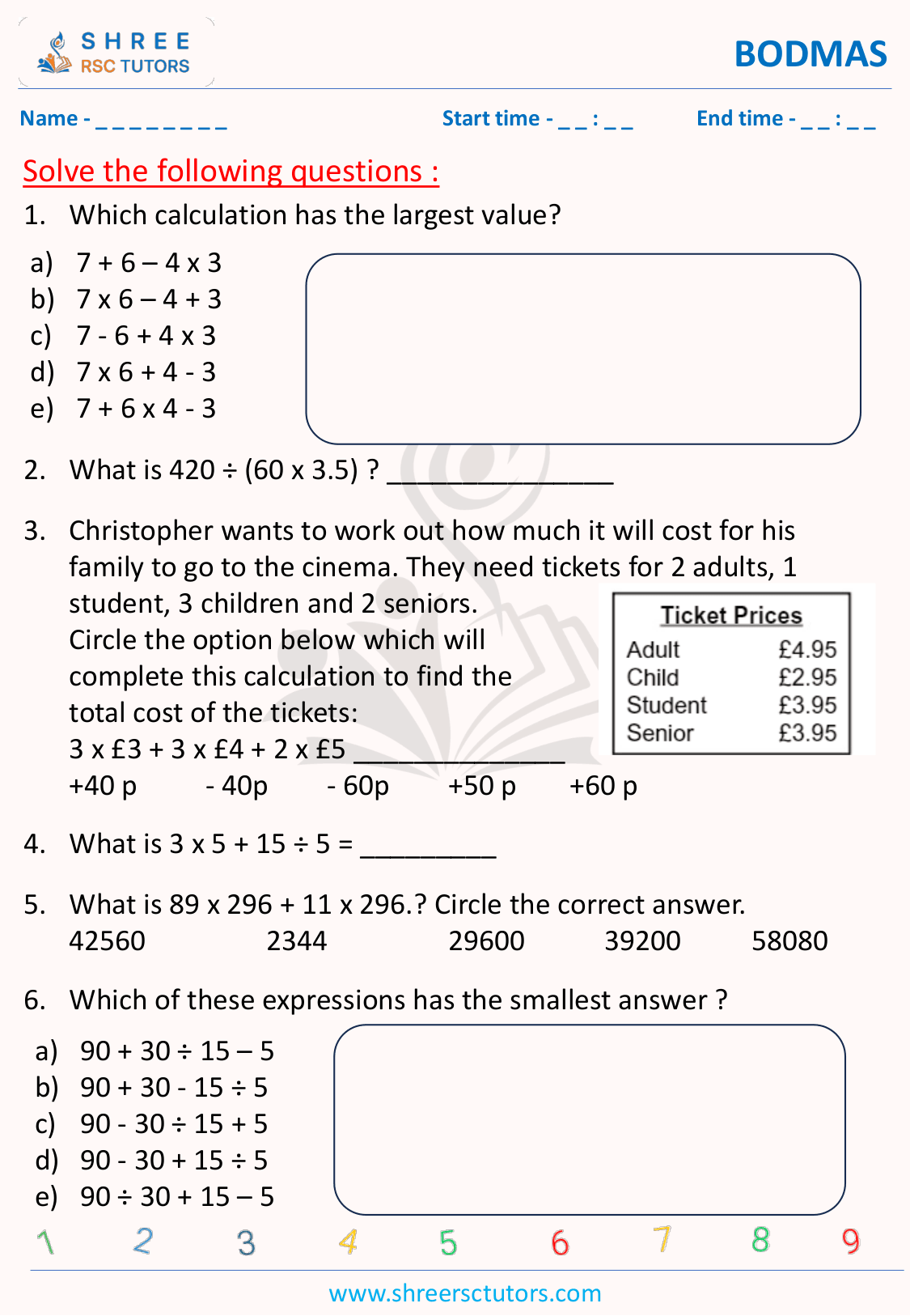 Bodmas Worksheets For 11 Plus Exam Maths Shree Rsc Tutors