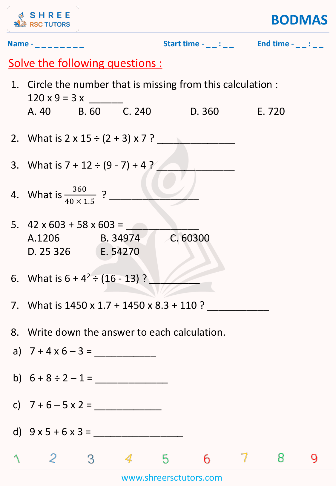 Bodmas Worksheets For 11 Plus Exam Maths Shree Rsc Tutors