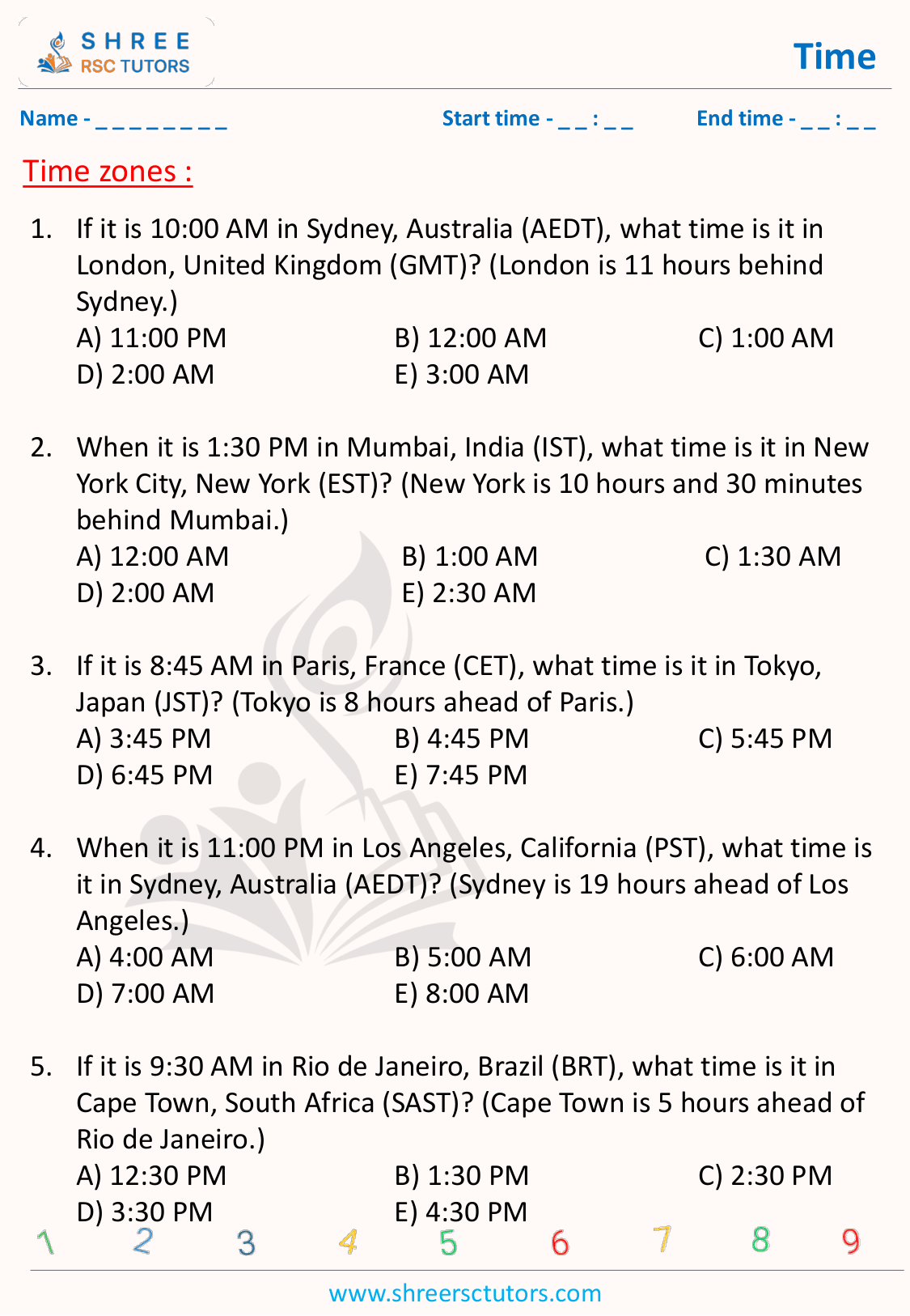 Time Zones Worksheets For 11 Plus Exam Maths Shree Rsc Tutors