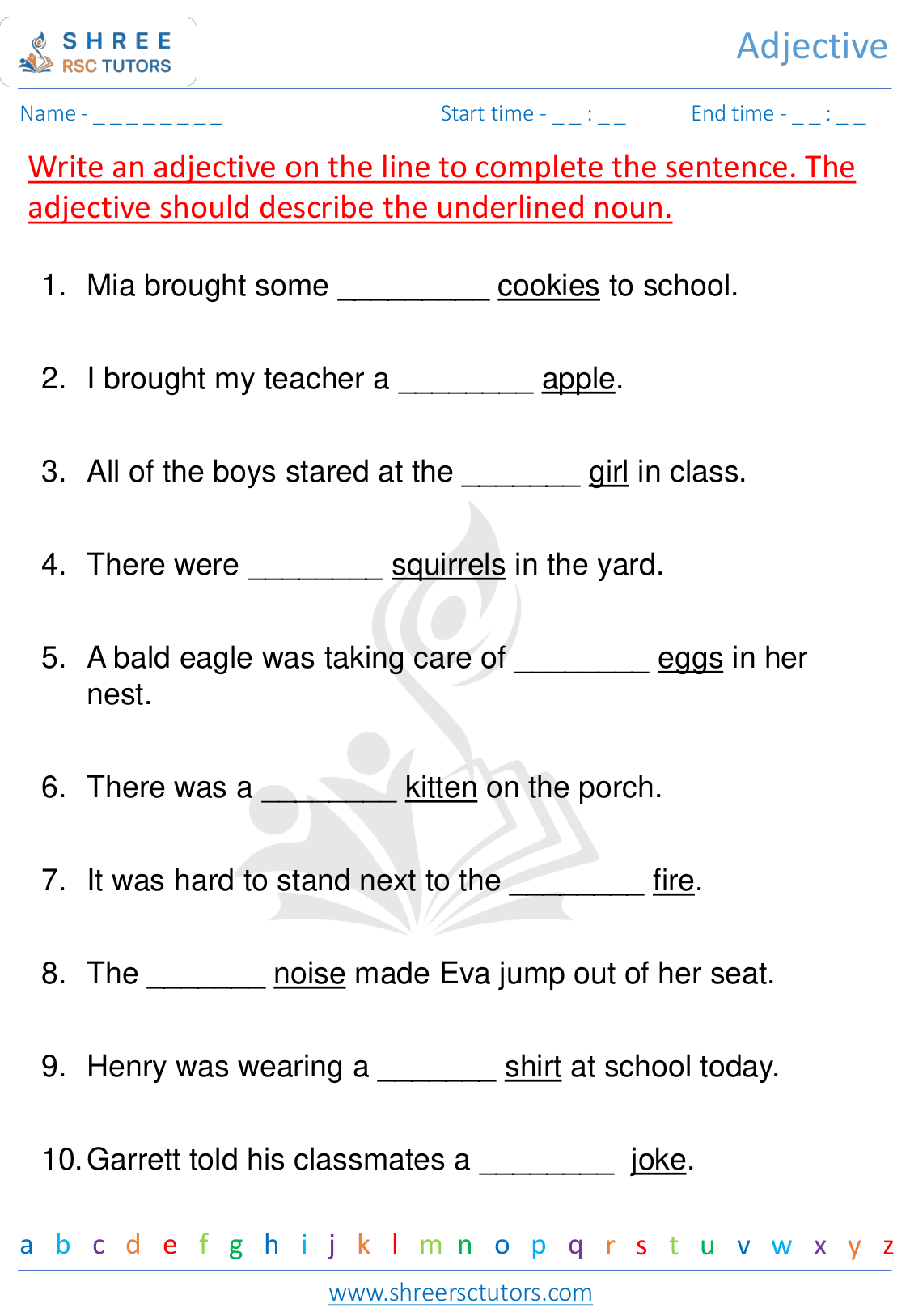 Adjective worksheets for Grade 1 English | shree rsc tutors