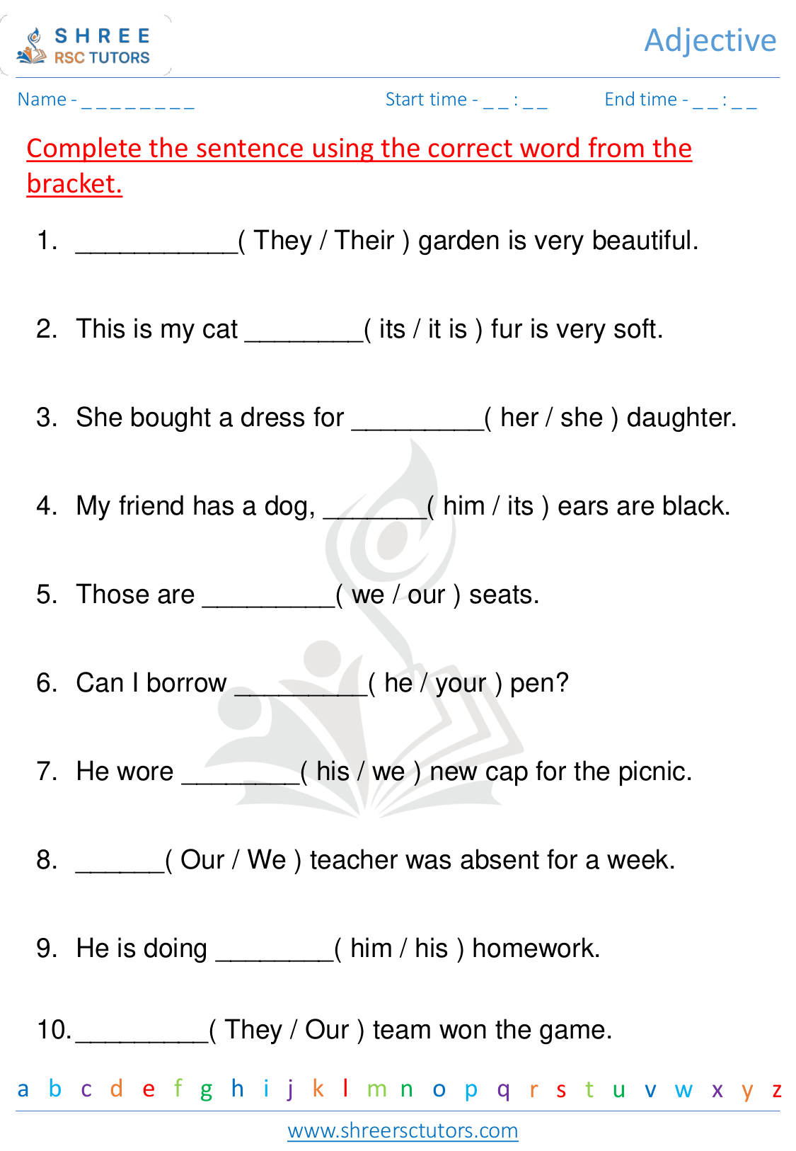 Adjective worksheets for Grade 1 English | shree rsc tutors