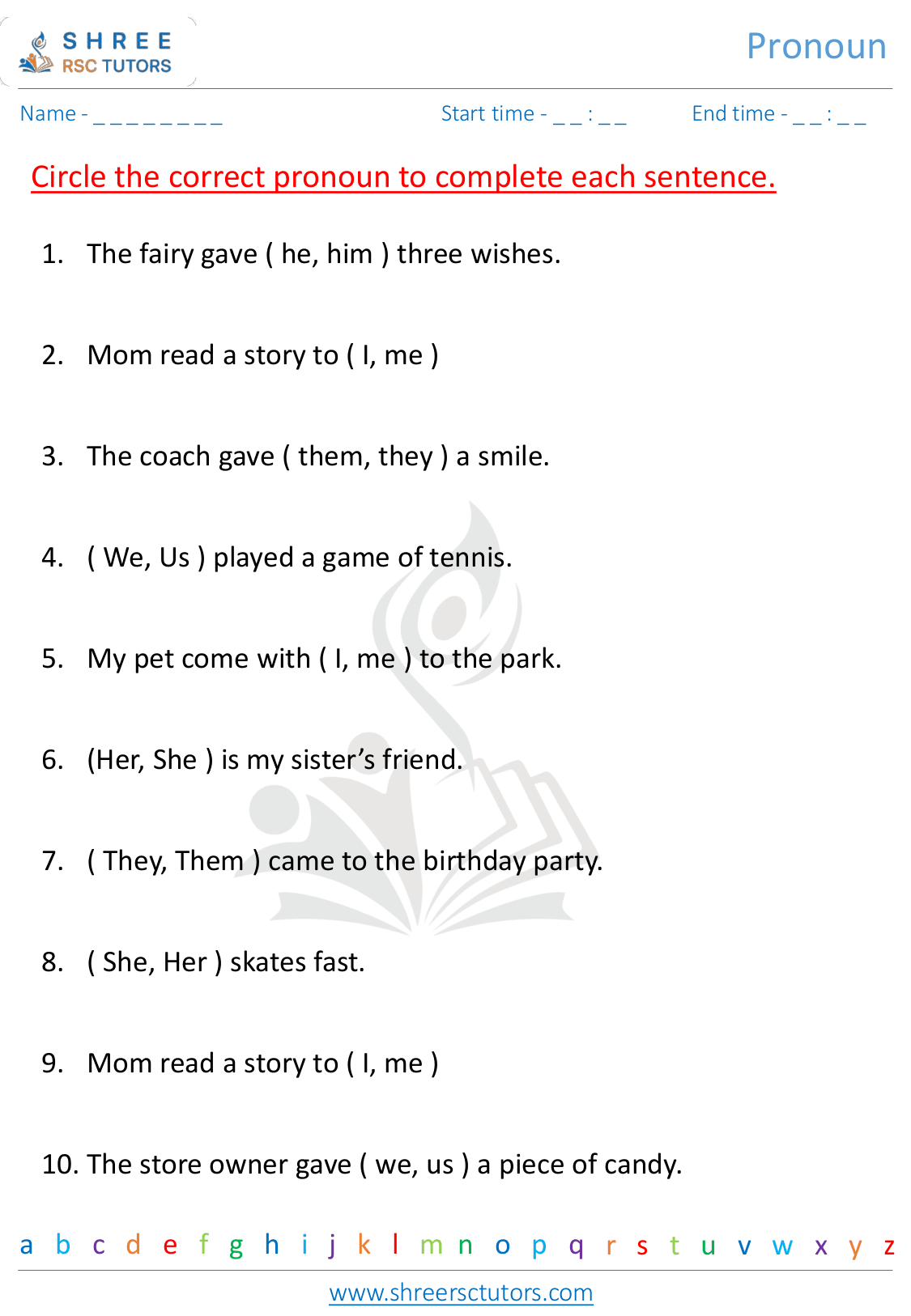 Pronoun worksheets for Grade 1 English | shree rsc tutors