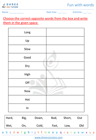 Fun with words worksheets for Grade 2 English | shree rsc tutors
