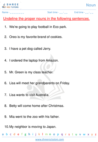 Noun worksheets for Grade 2 English | shree rsc tutors