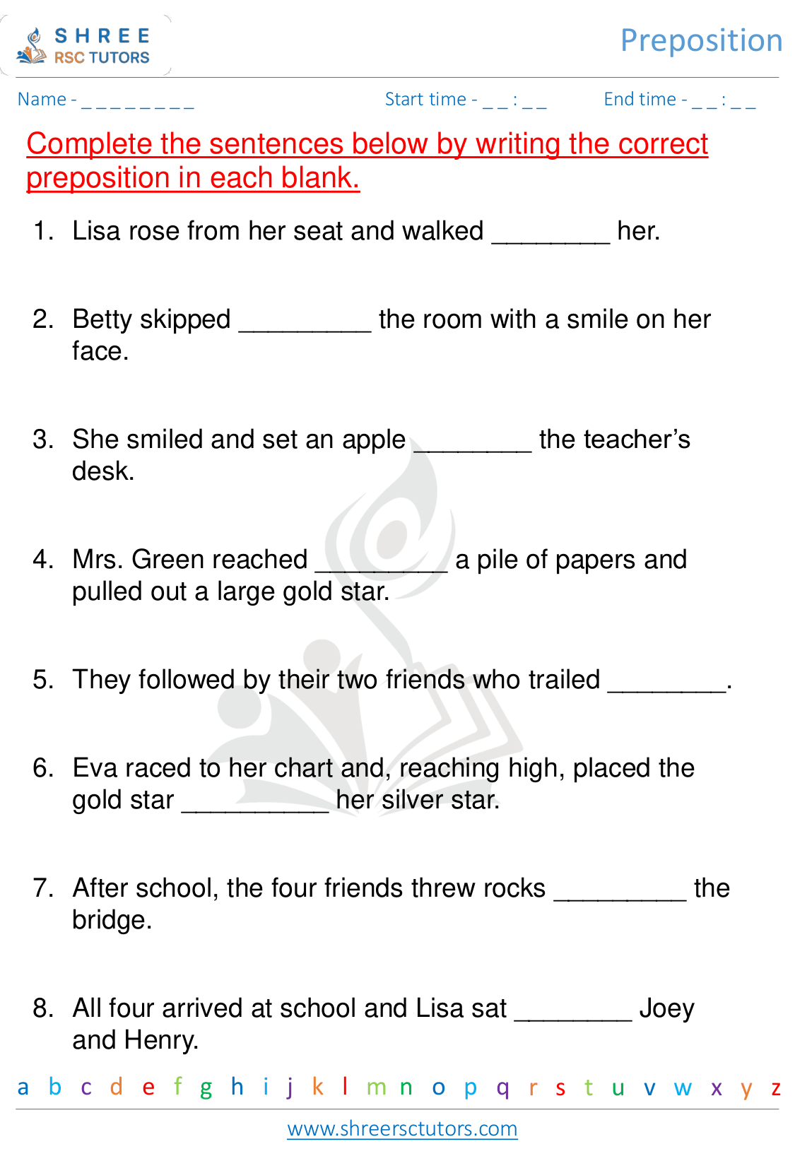 Preposition worksheets for Grade 2 English | shree rsc tutors