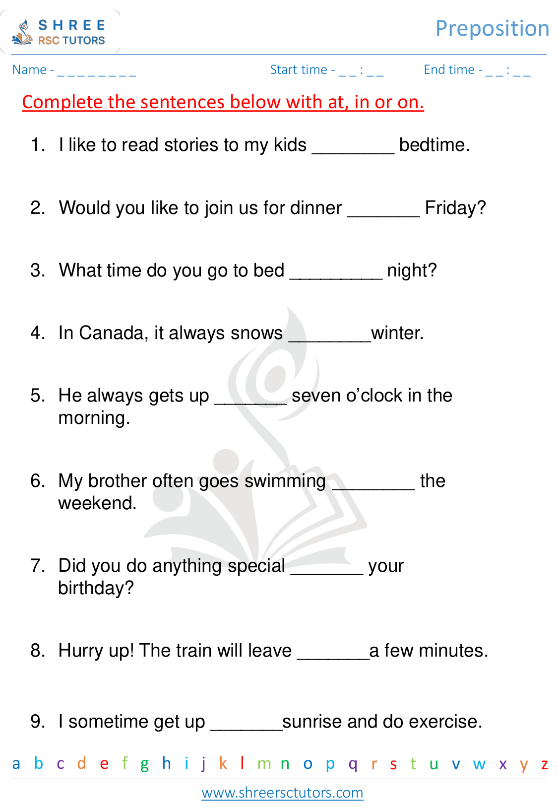 Preposition worksheets for Grade 2 English | shree rsc tutors
