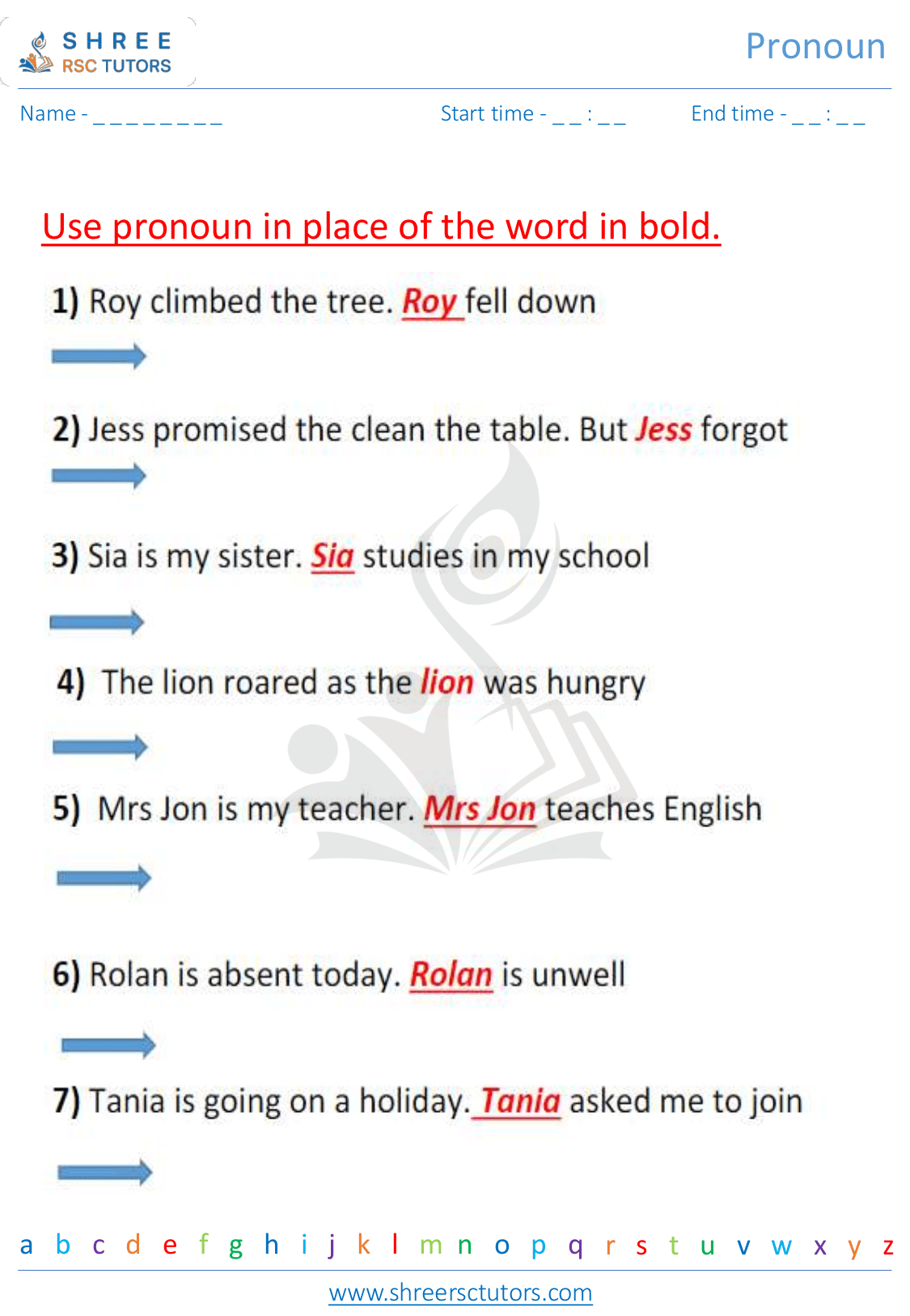 Pronoun worksheets for Grade 2 English | shree rsc tutors