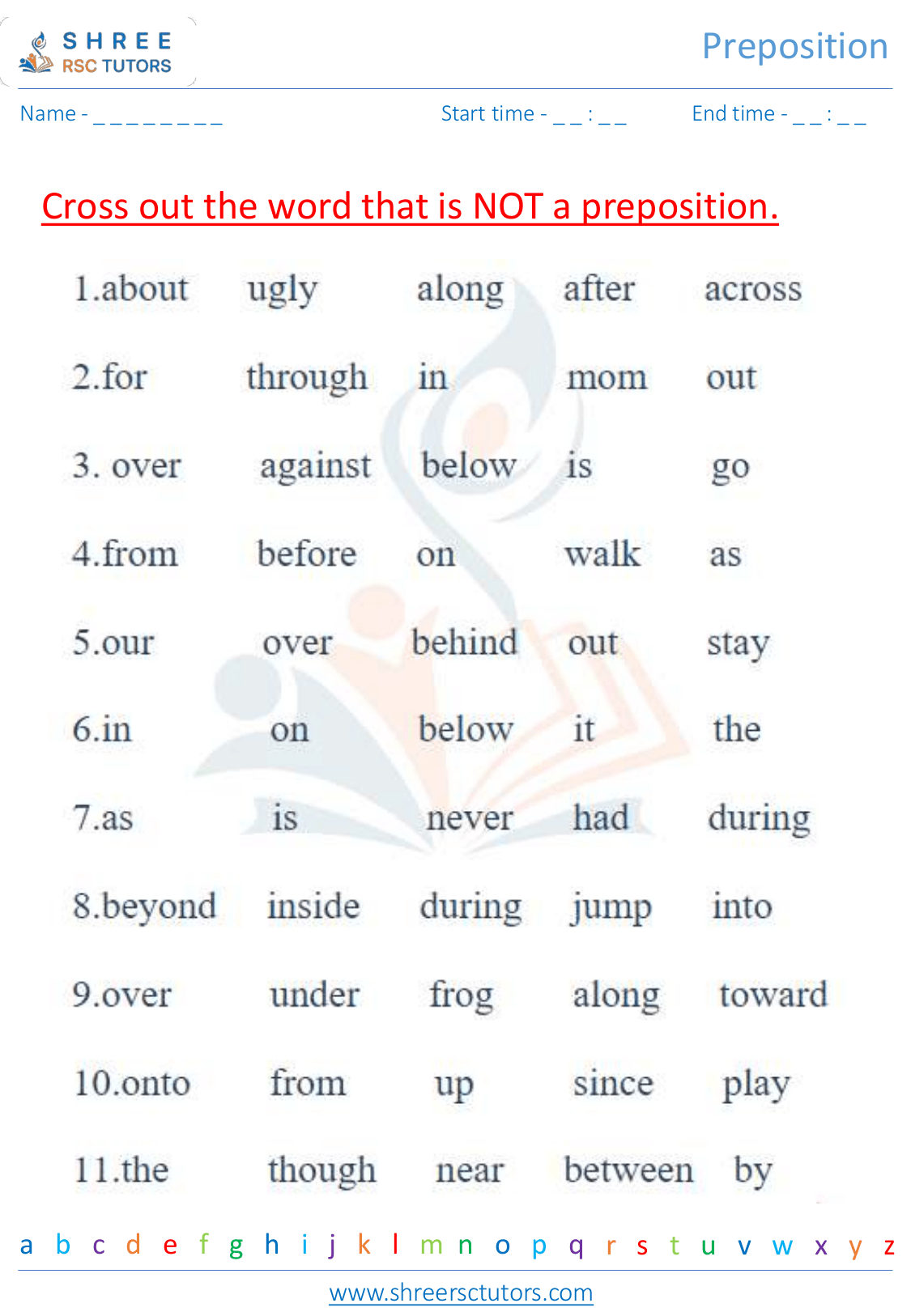 Preposition worksheets for Grade 3 English | shree rsc tutors