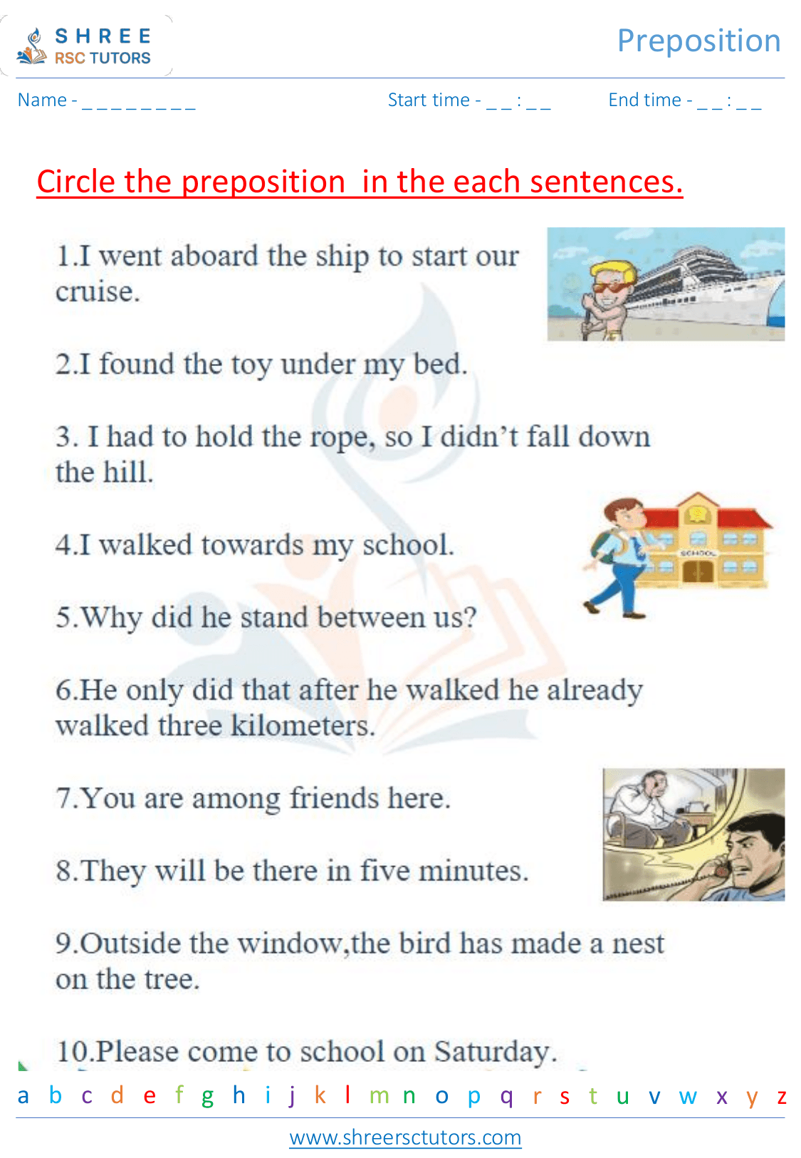 Preposition worksheets for Grade 3 English | shree rsc tutors