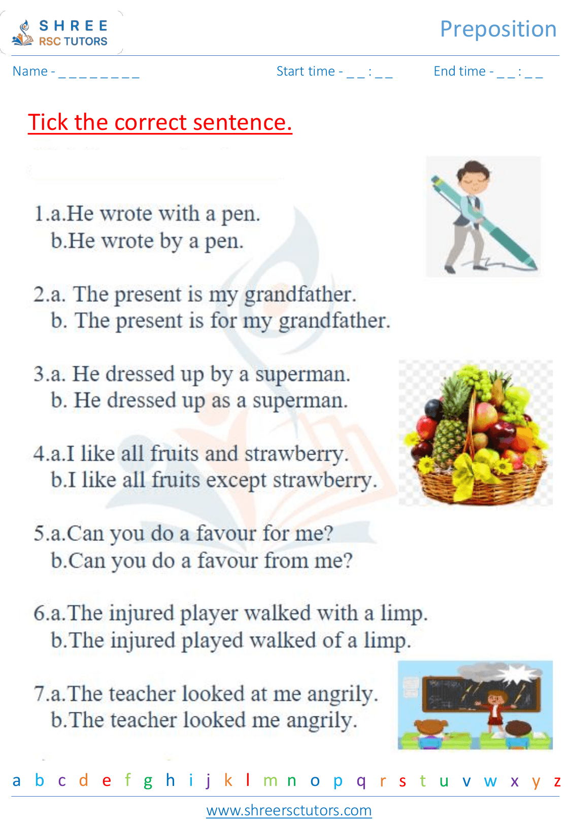 Preposition worksheets for Grade 3 English | shree rsc tutors