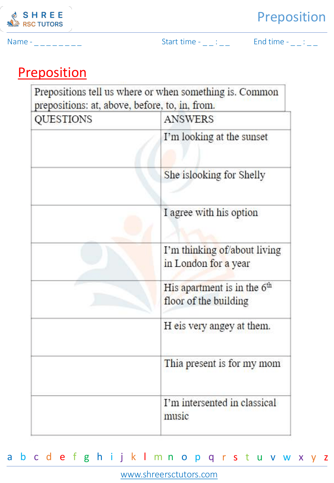Preposition Worksheets For Grade 4 English Shree Rsc Tutors