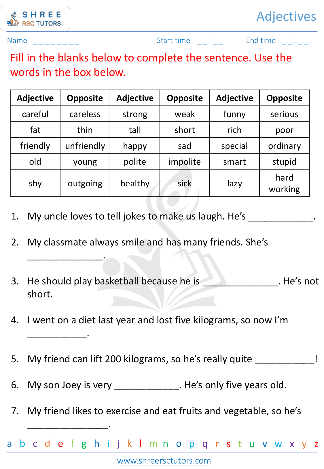 Adjectives worksheets for Grade 5 English | shree rsc tutors