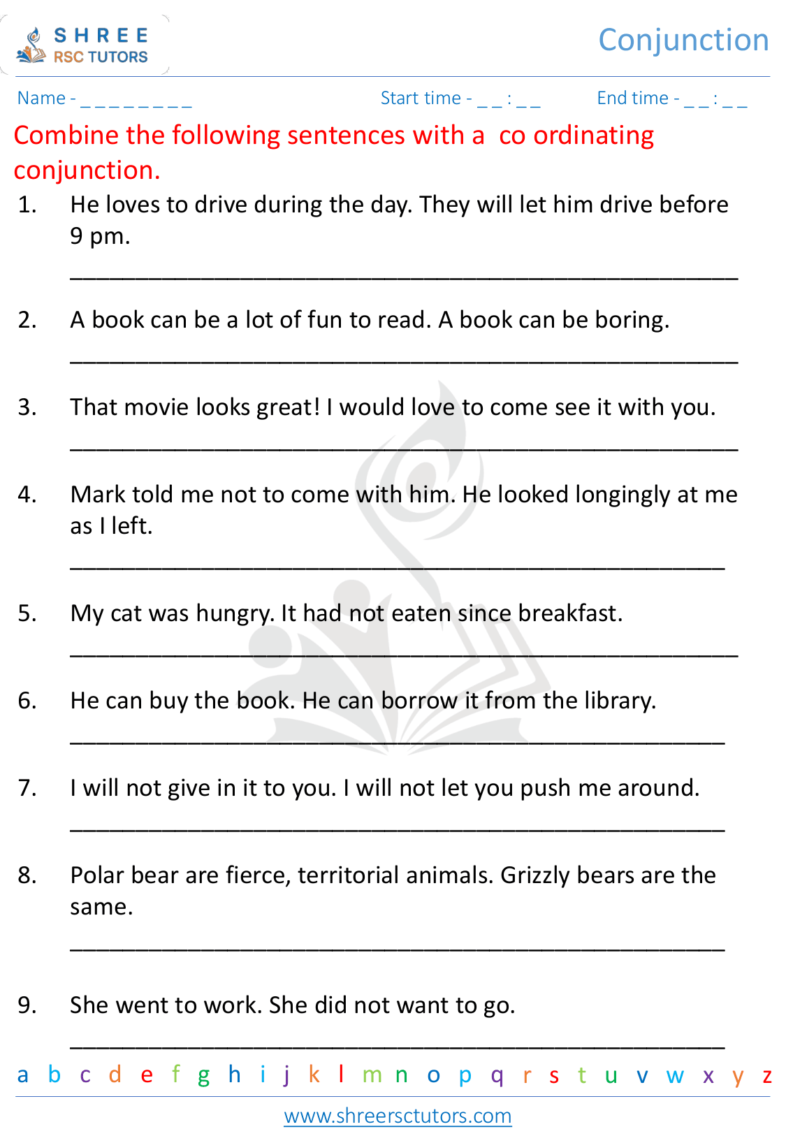 Conjunctions worksheets for Grade 5 English | shree rsc tutors