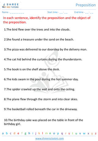 Preposition worksheets for Grade 5 English | shree rsc tutors