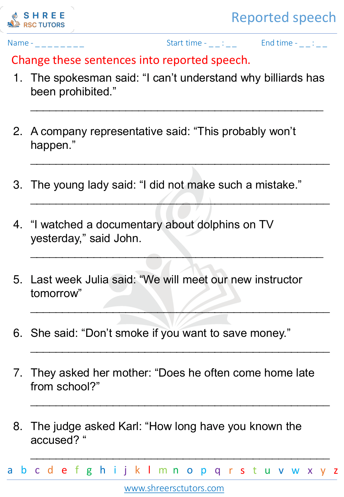 Reported speech worksheets for Grade 5 English | shree rsc tutors