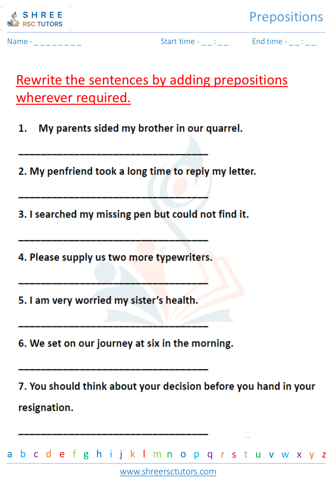Preposition worksheets for Grade 7 English | shree rsc tutors