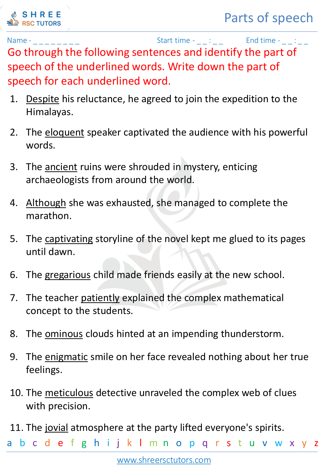 Parts of speech worksheets for Grade 8 English | shree rsc tutors
